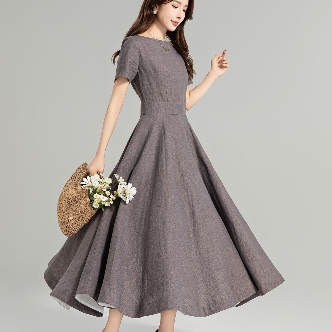 Grey Linen Dress, Midi Linen Dress, Swing Midi Dress, Fit and Flare ...