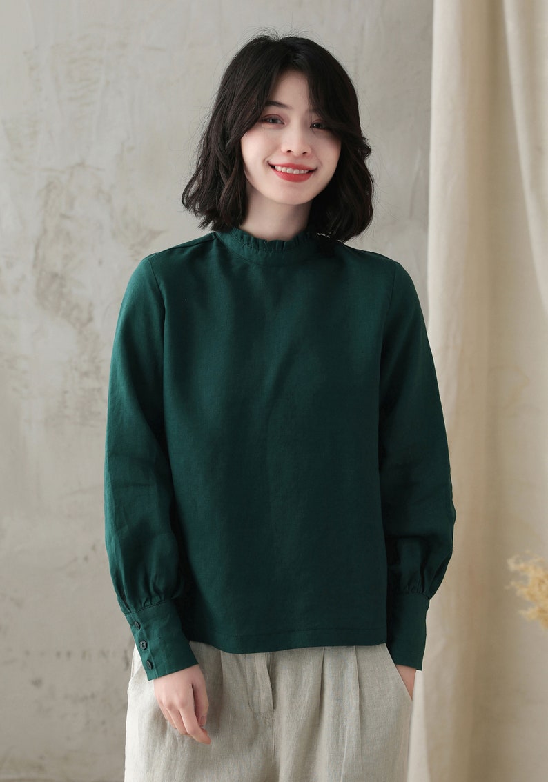 Green Linen Blouse, Long Sleeve Linen Blouse, Loose Linen Top With ...