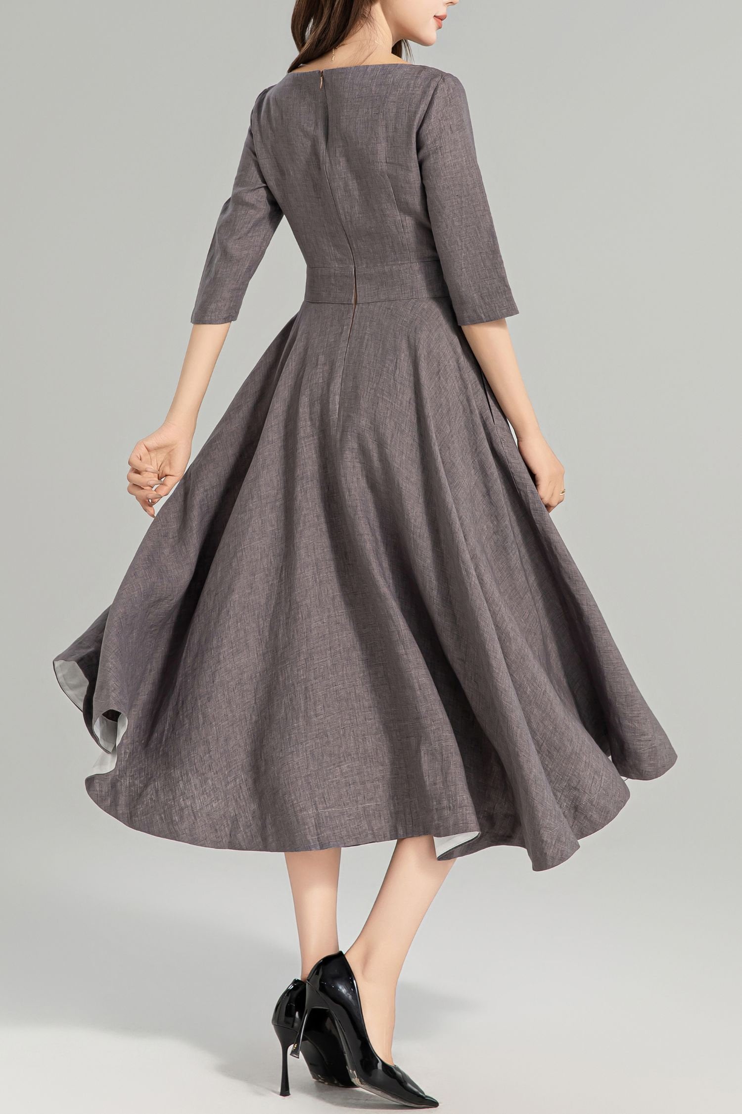 Linen Dress, Modest Midi Dress, Half Sleeve Linen Swing Dress, Womens ...