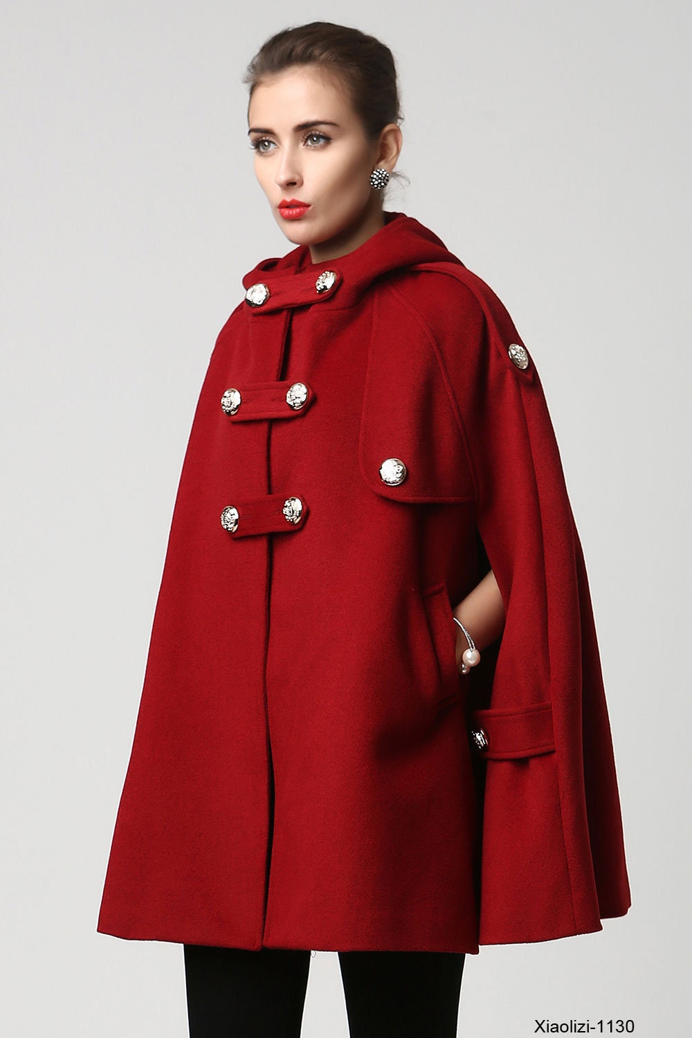 Women's Winter Red Wool Hooded Wool Cape Coat, Plus Size Cape Coat ...