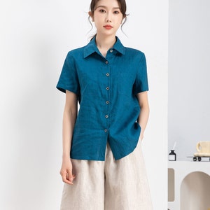 Blue Linen Shirt Linen Tops for Women Linen Button Down - Etsy
