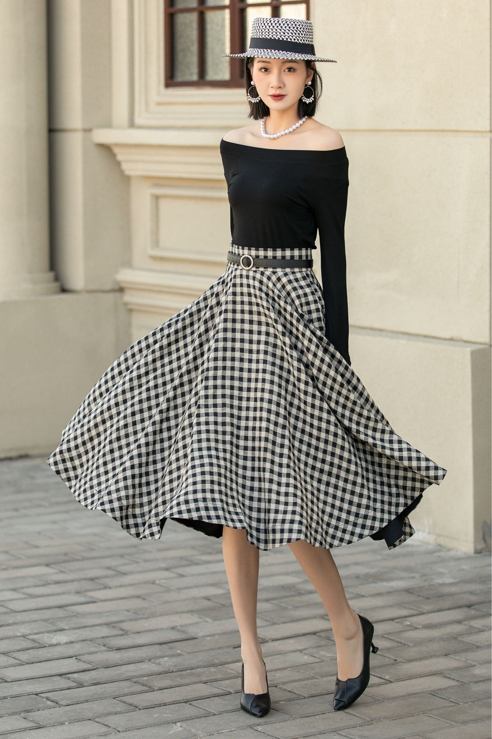 Vintage Inspired Plaid Midi Circle Skirt, Swing Linen Skirt, Womens ...