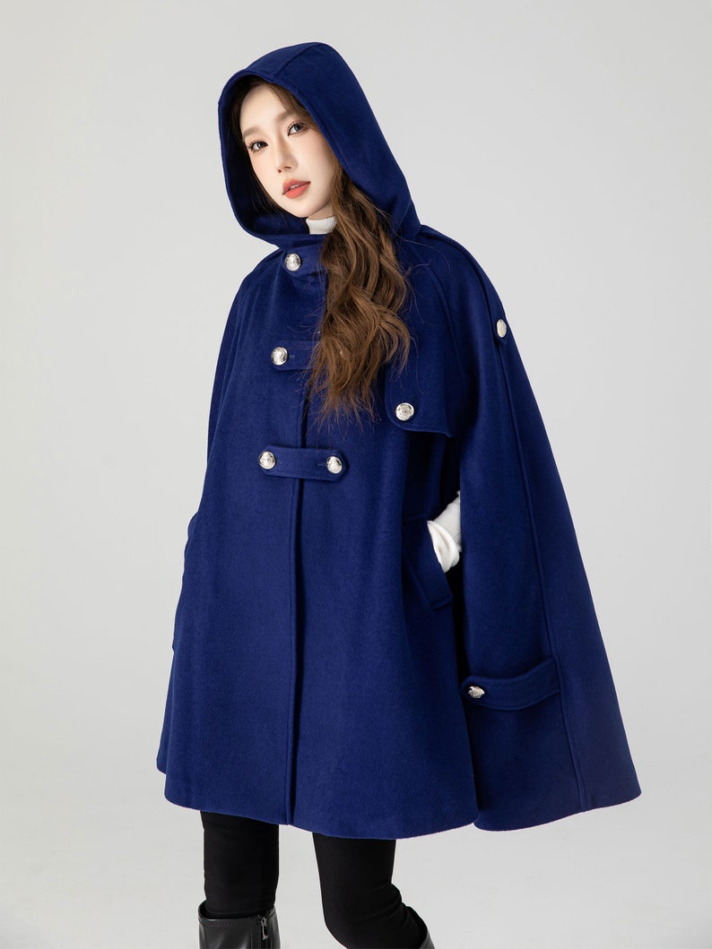 Women's Winter Blue Wool Hooded Wool Cape Coat, Plus Size Cape Coat ...
