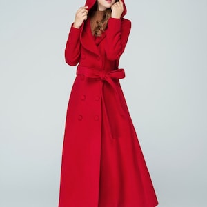 Red Long Wrap Wool Coat, Hooded Wool Coat, Long Trench Coat, Winter ...