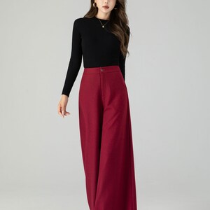 Wool Pants, Long Wool Pants, Burgundy Wool Trousers, Wide Leg Wool ...