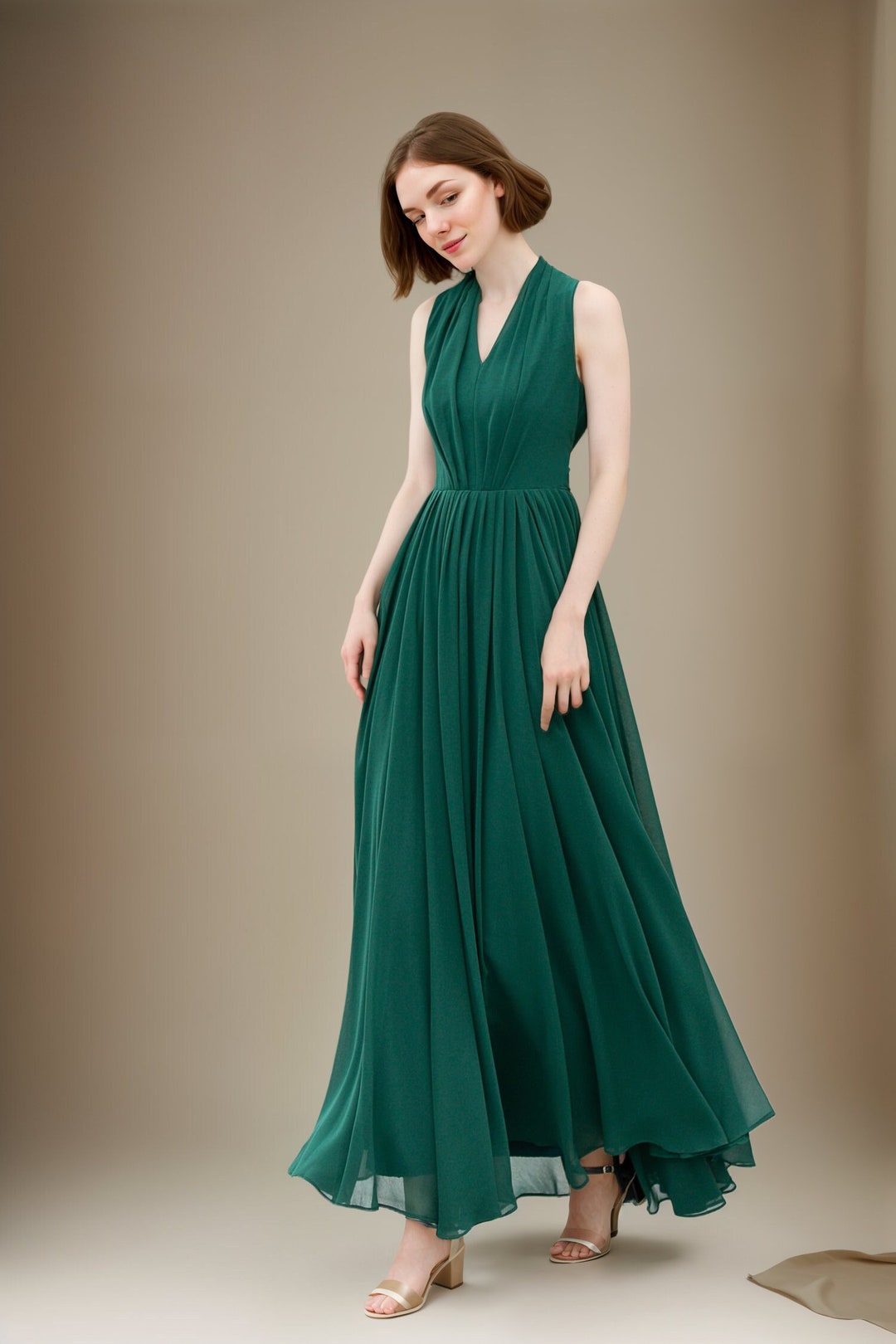 Chiffon Wedding Dress, Green Chiffon Dress, Hanging Neck Chiffon Maxi ...