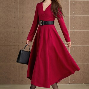 Wool Dress, Red Midi Wool Dress, Swing Wool Dress, A Line Wool Dress, V ...