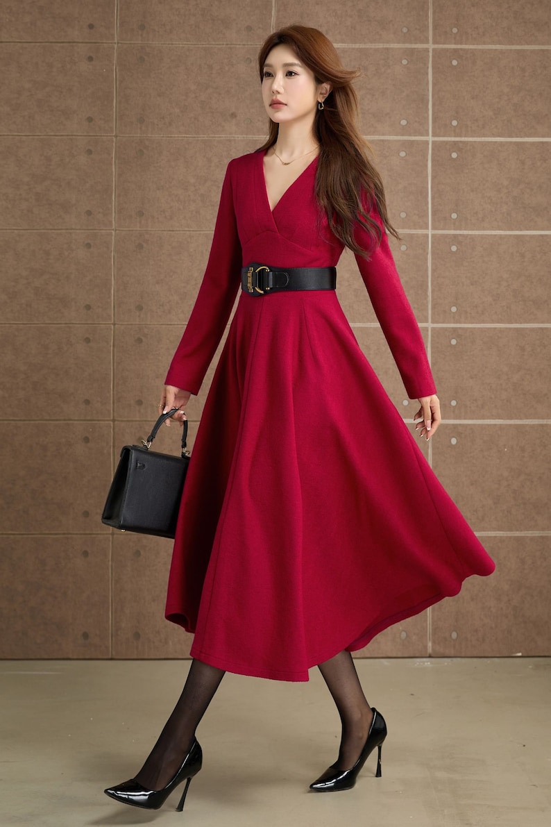 Wool Dress, Red Midi Wool Dress, Swing Wool Dress, A Line Wool Dress, V ...