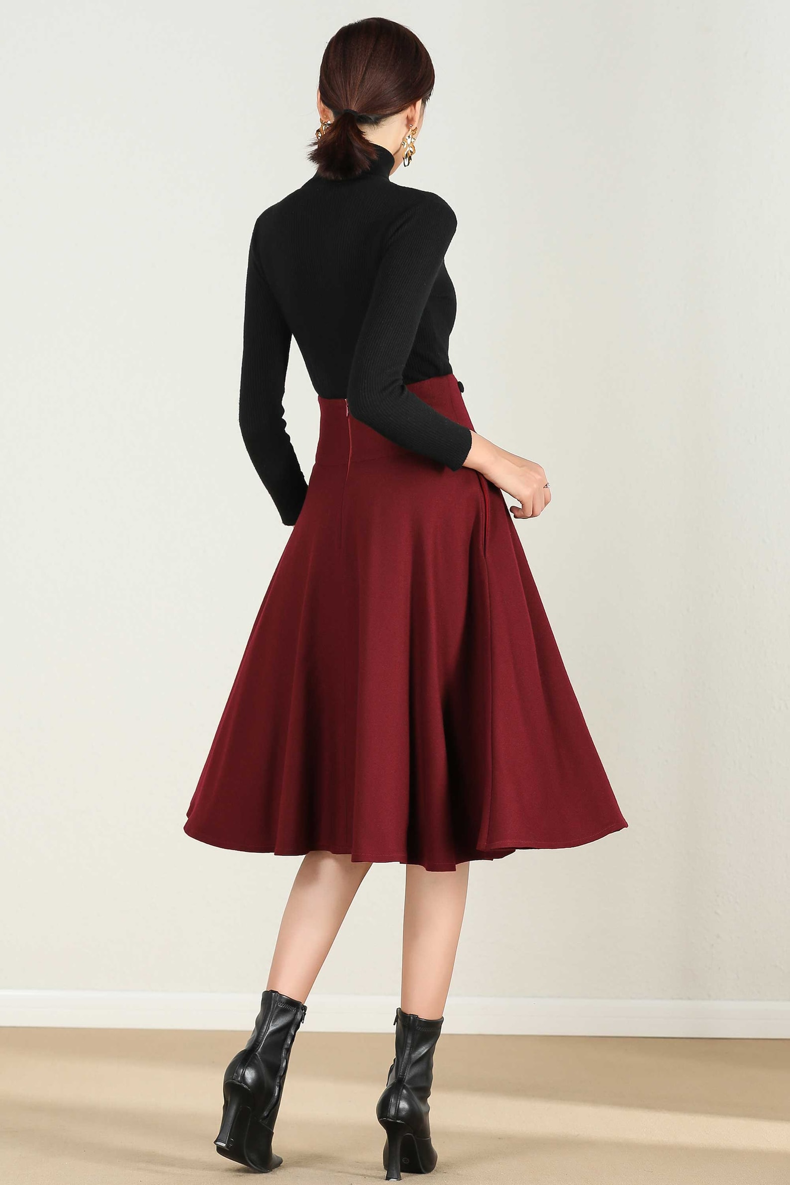 High Waisted Skater Skirt in Red, Wool Skirt, Wide Waistband Midi Skirt ...