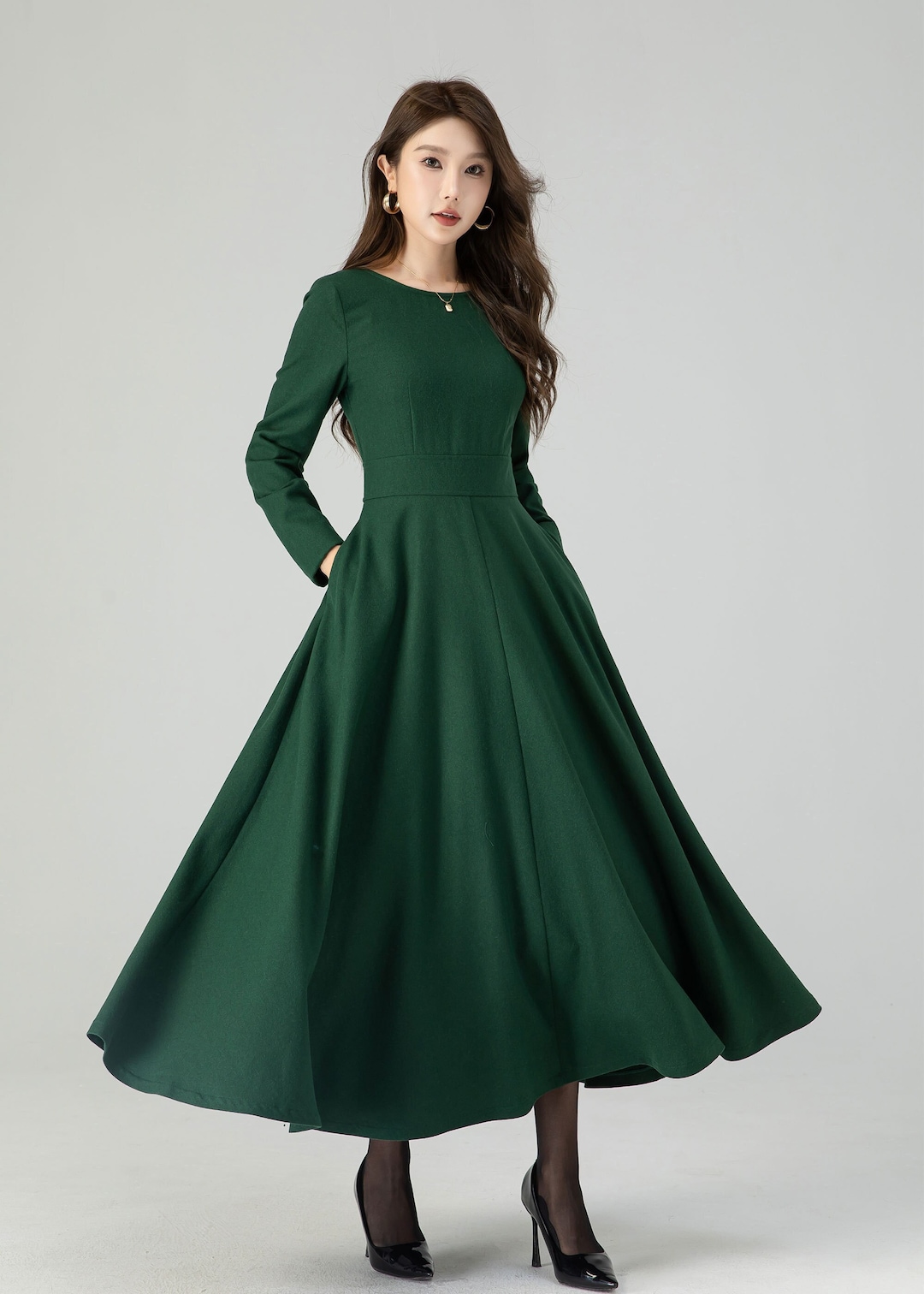 Green Swing Wool Dress, Long Wool Dress, Womens Wool Dress, Fit and ...