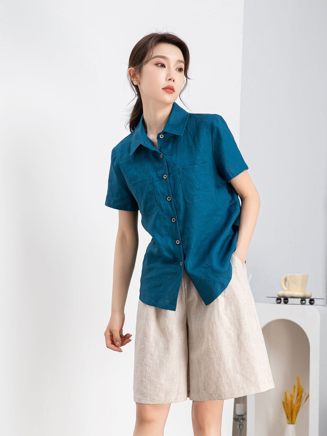 Blue Linen Shirt Linen Tops for Women Linen Button Down - Etsy