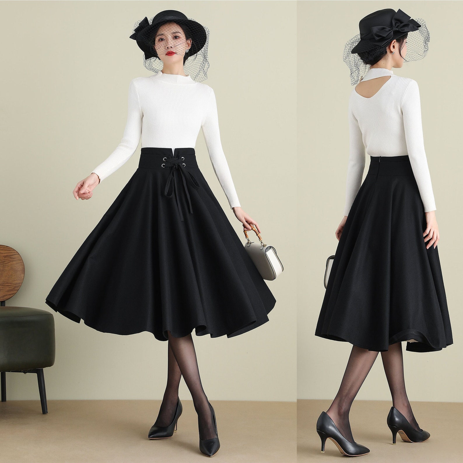 Black Wool Midi Skirt, High Waist Circle Skirt With Pockets, Custom ...