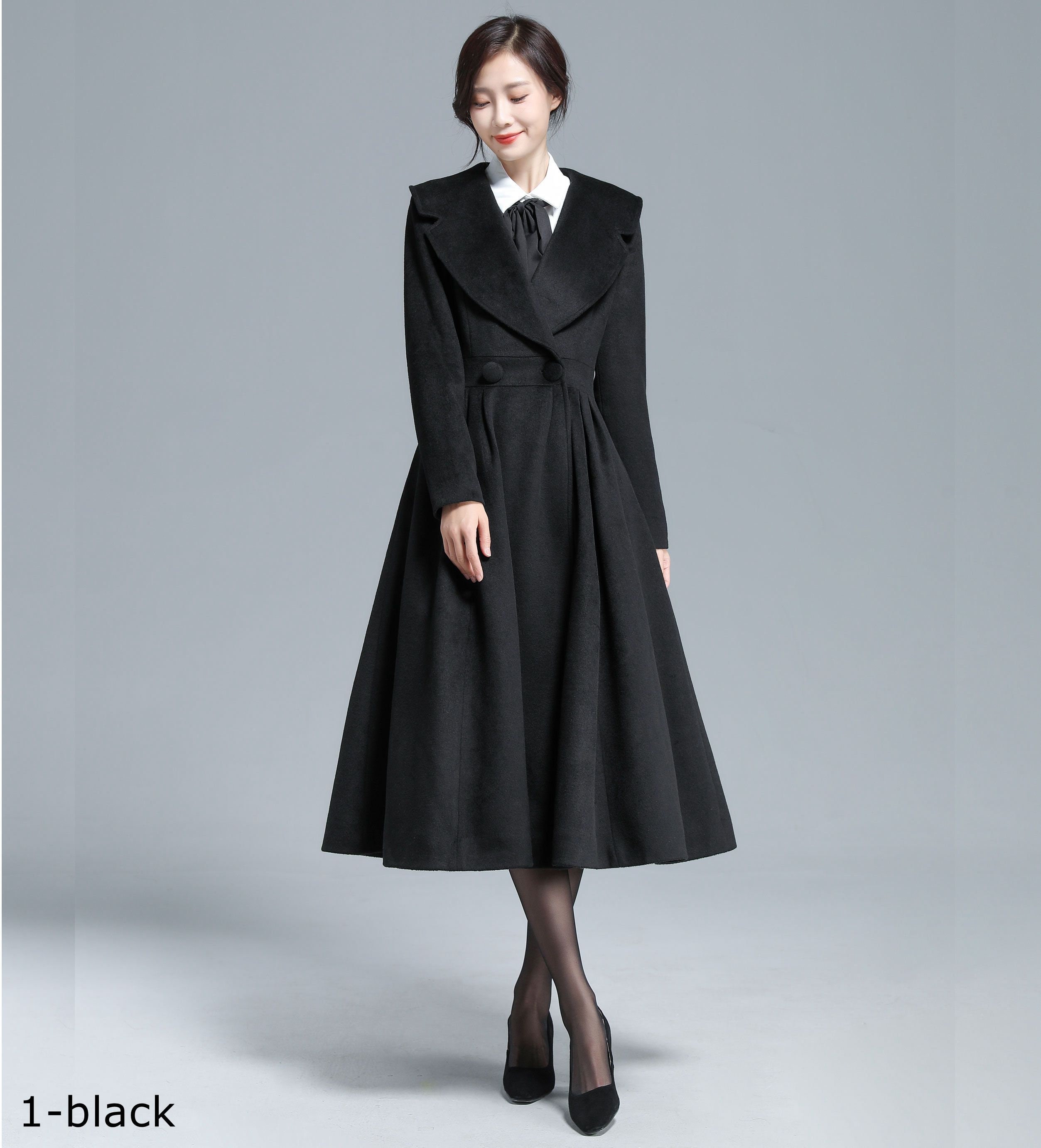 Vintage Inspired Black Long Wool Princess Coat, Fit and Vintage Inspired Black Long Wool Princess Coat, Fit and