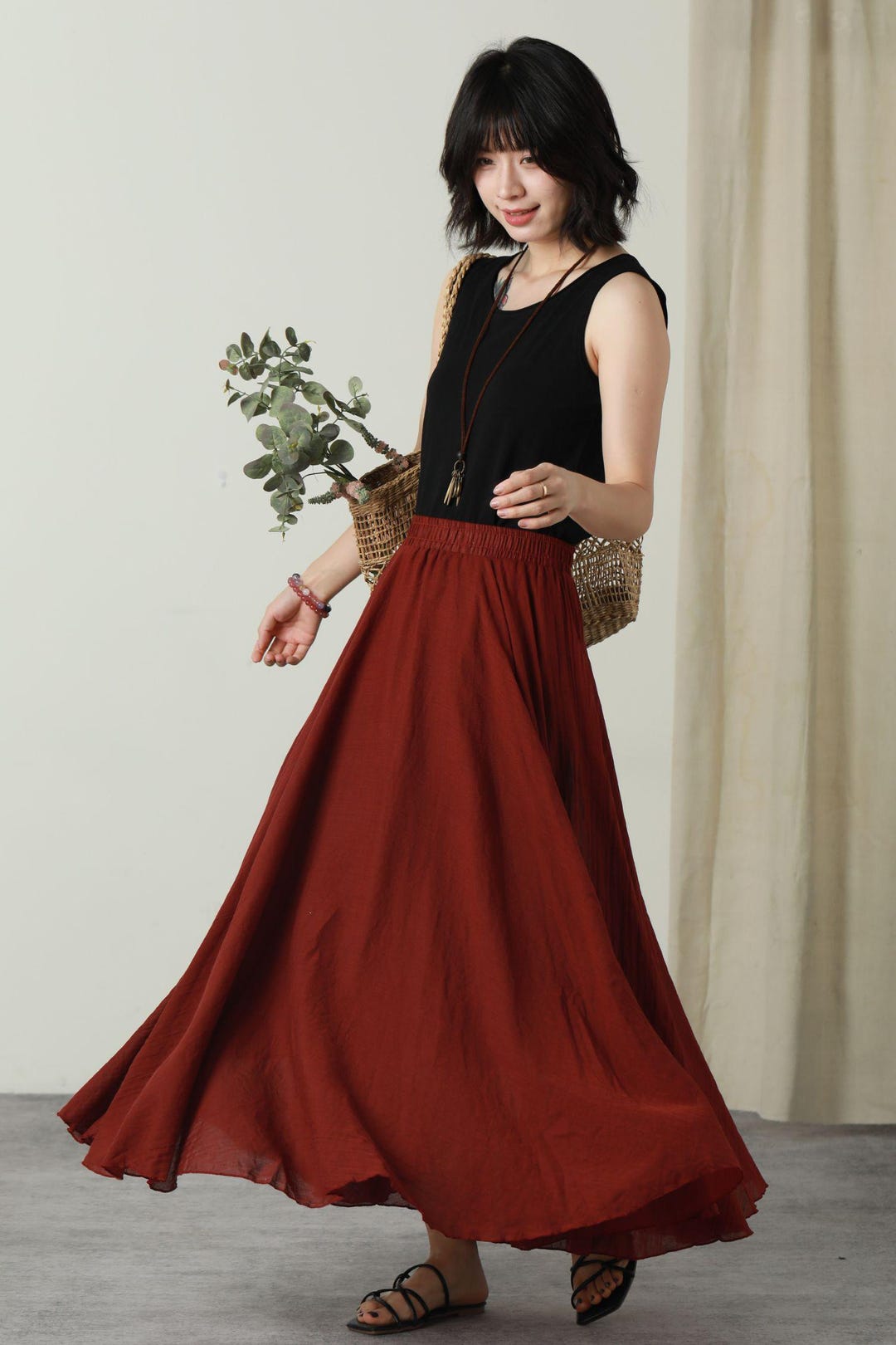 Burgundy Bohemia Swing Maxi Skirt, Cotton Linen Skirt, Long Skirt for ...