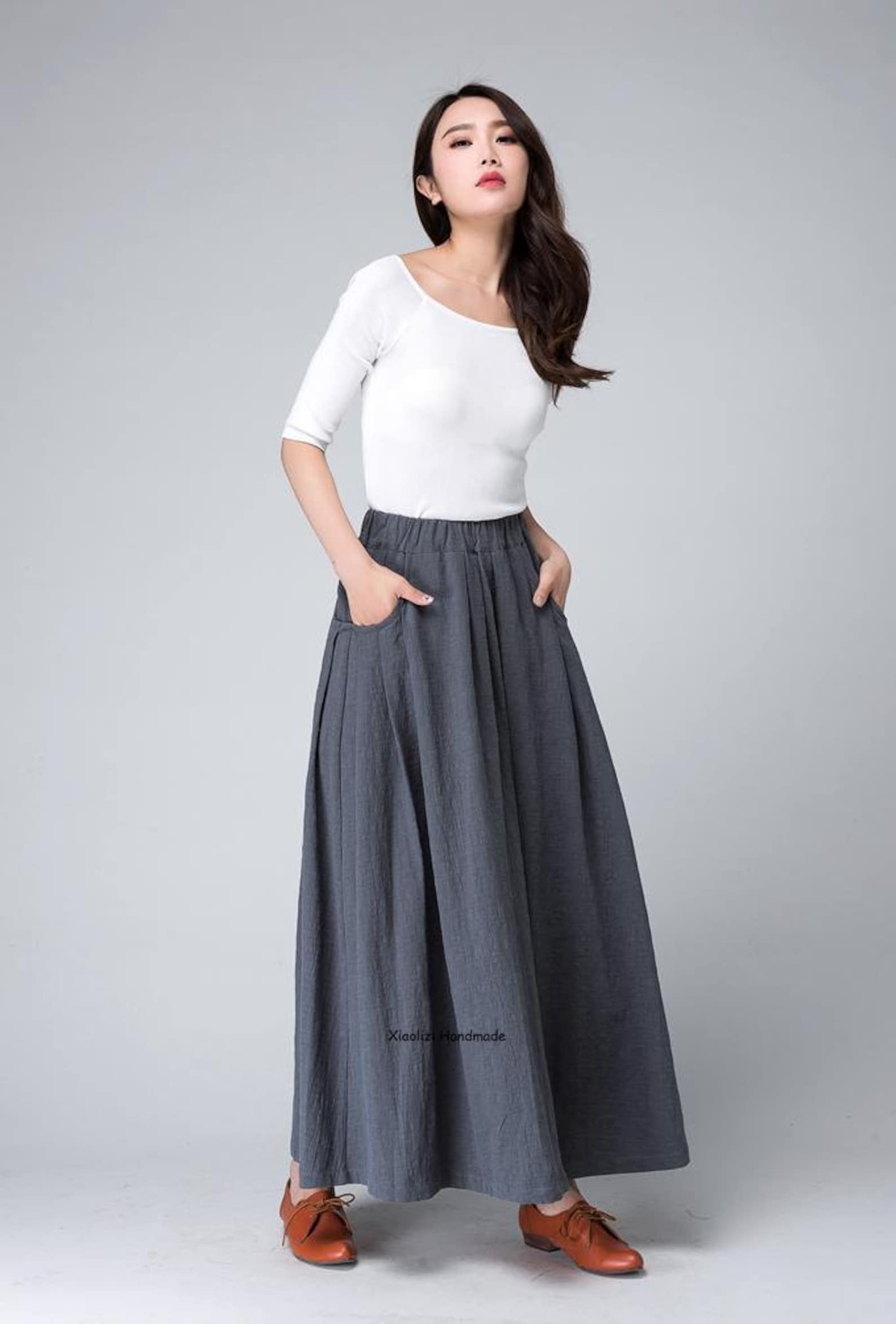 Linen Skirt, Long Linen Maxi Skirt With Pockets, Plus Size Pleated ...