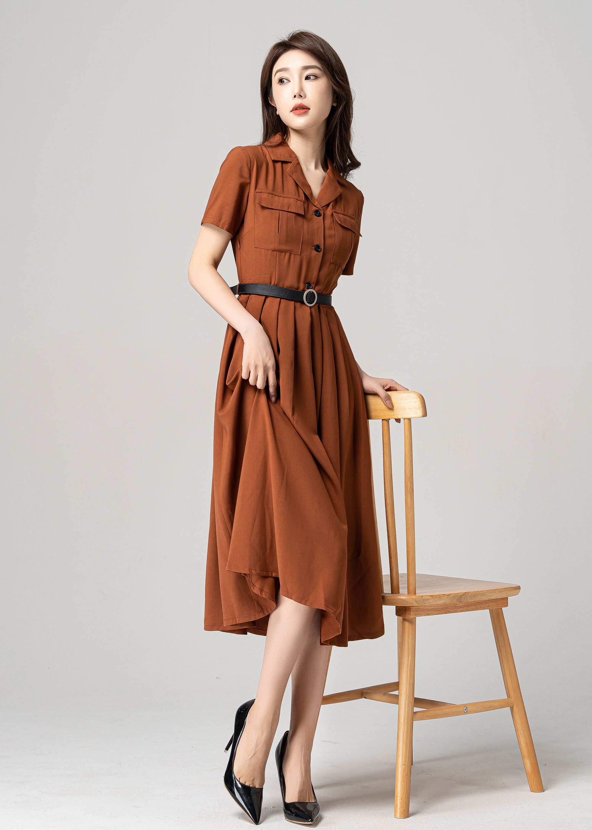 Military-inspired Midi Shirt Dress, Womens A-line Swing Military-inspired Midi Shirt Dress, Womens A-line Swing