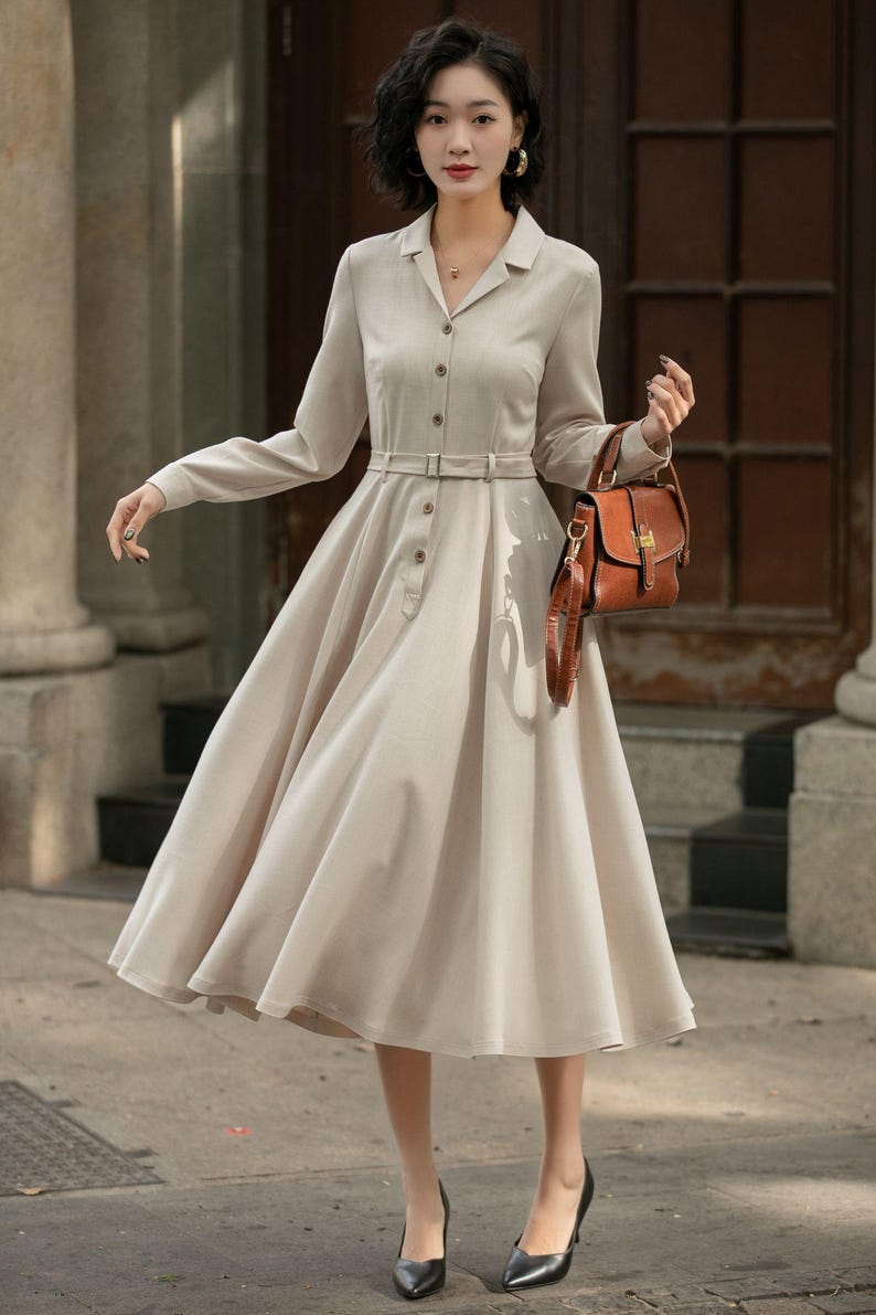 Womens Button up Dress, A-line Beige Dress, Semi-formal Midi Shirt ...