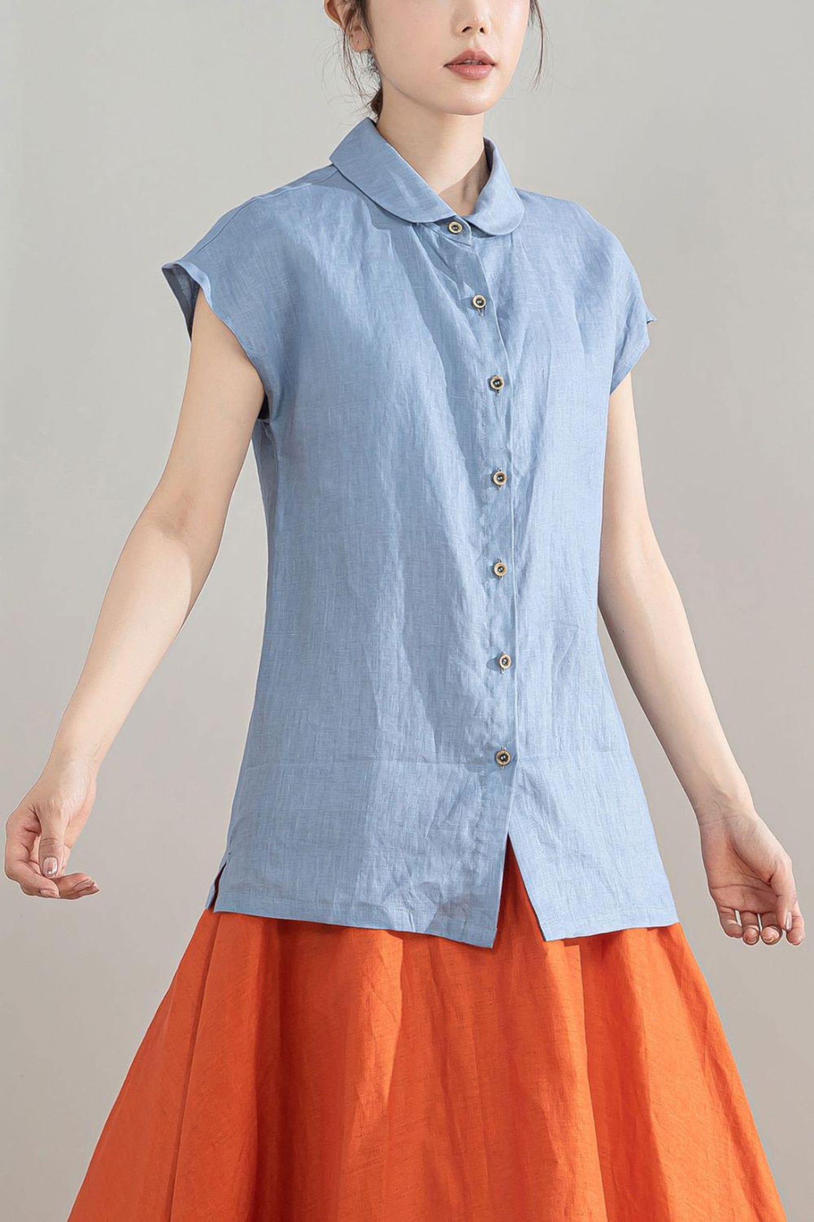 Office Shirt, Rust Red Linen Shirt, Womens Short Sleeve Linen Shirt ...