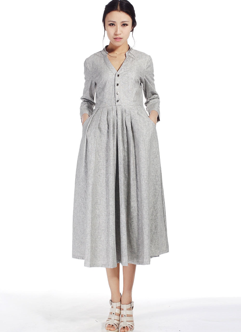 Gray Linen Dresses Dress With Pockets V Neck Dress Handmade Etsy