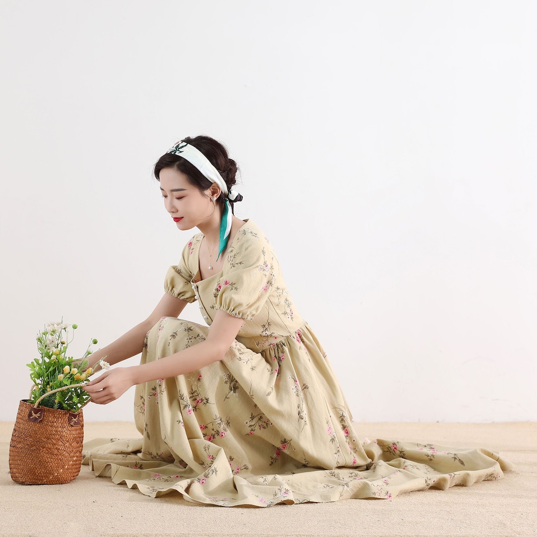 Linen Dress, Flower Maxi Dress, Vintage Inspired Flower Linen Dress ...