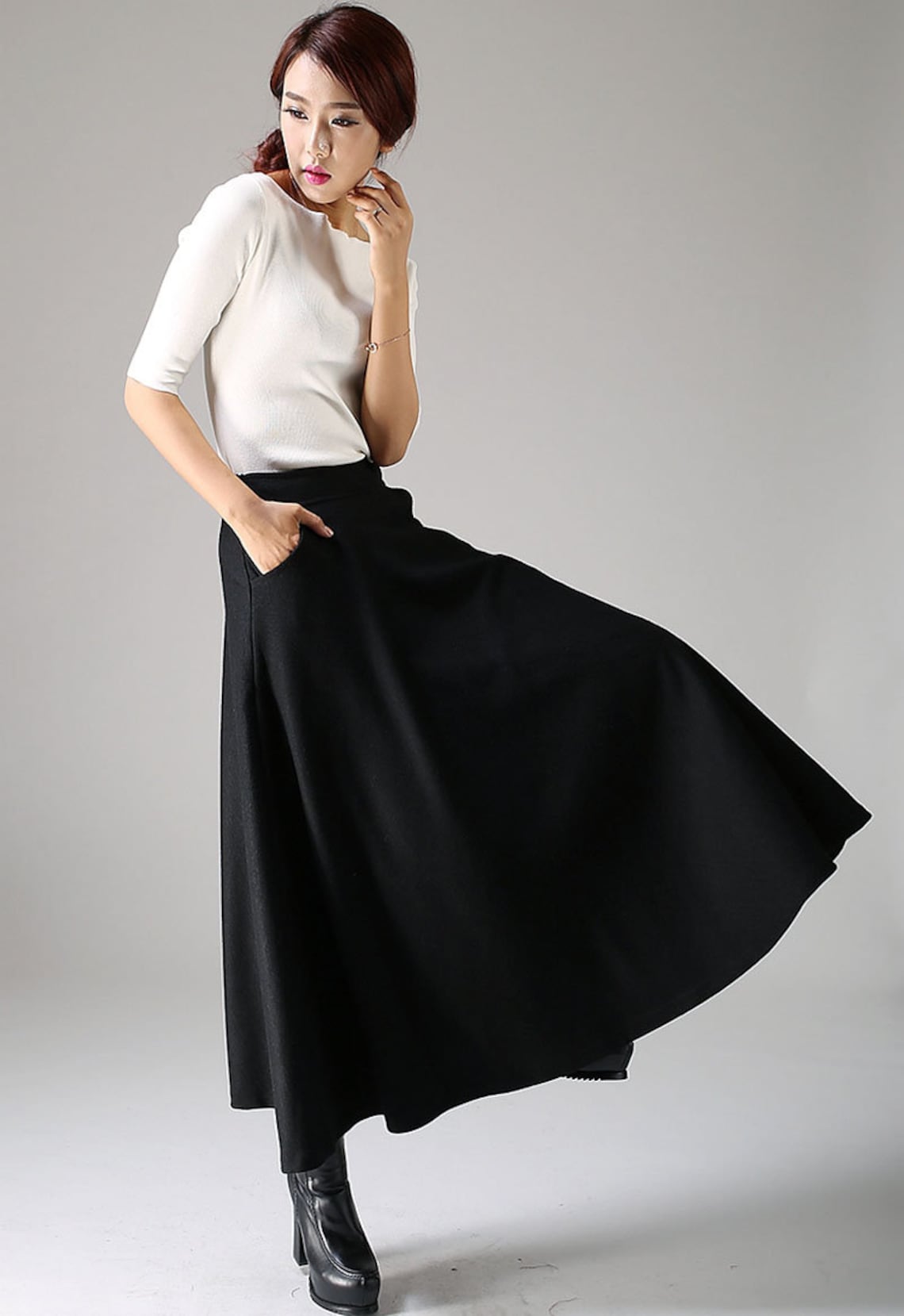 Long Wool Skirt, Black Wool Skirt, A Line Skirt, Vintage 1950s Maxi ...
