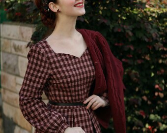 Plaid Wool Long Dress, Long Sleeve Wool Dress, Plaid Wool Plaid Wool Long Dress, Long Sleeve Wool Dress, Plaid Wool