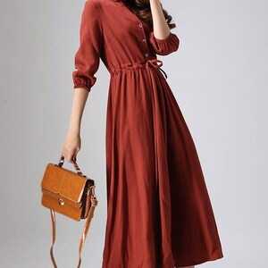 Rust Red Linen Shirt Dress, Casual Linen Maxi Dress With Drawstring ...