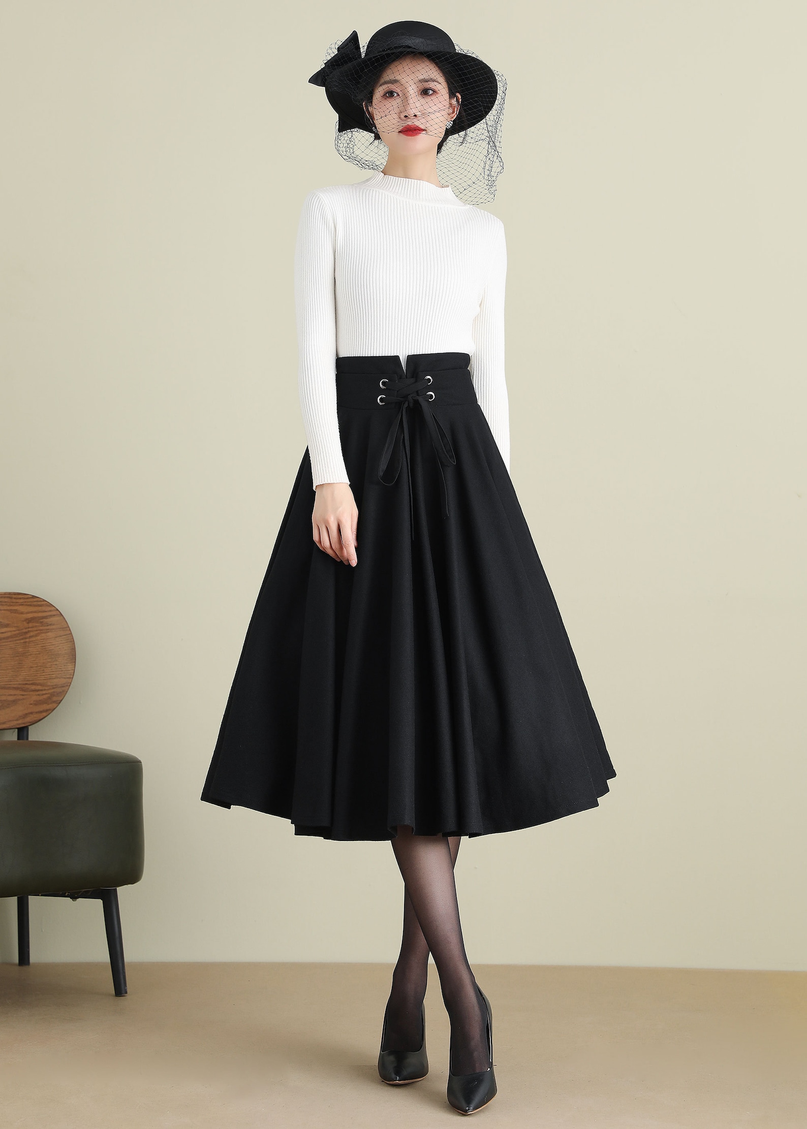 Black Wool Midi Skirt, High Waist Circle Skirt With Pockets, Custom ...