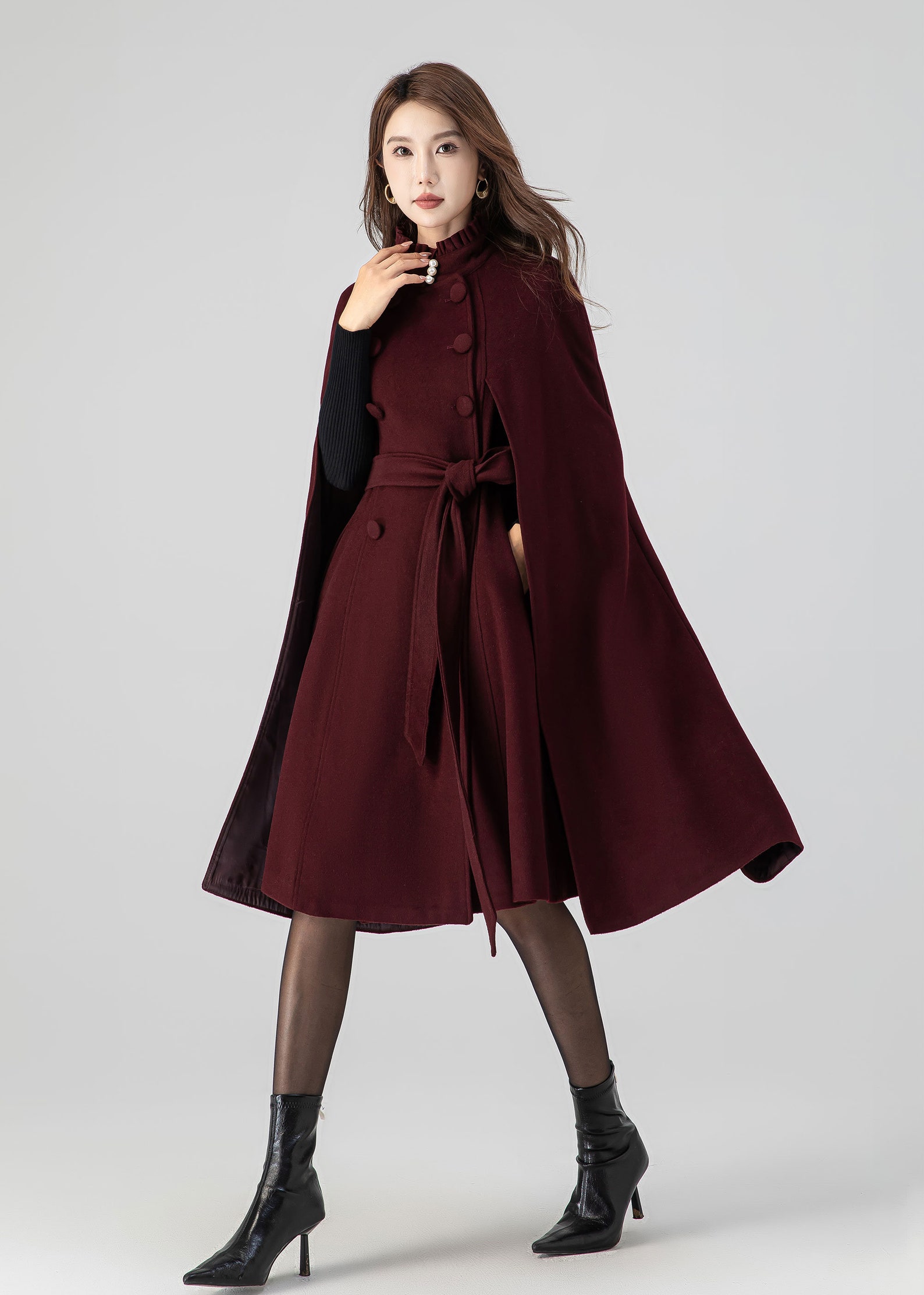 Burgundy Swing Cloak Coat, Winter Wool Cape Coat Women, Long Wool Cape ...