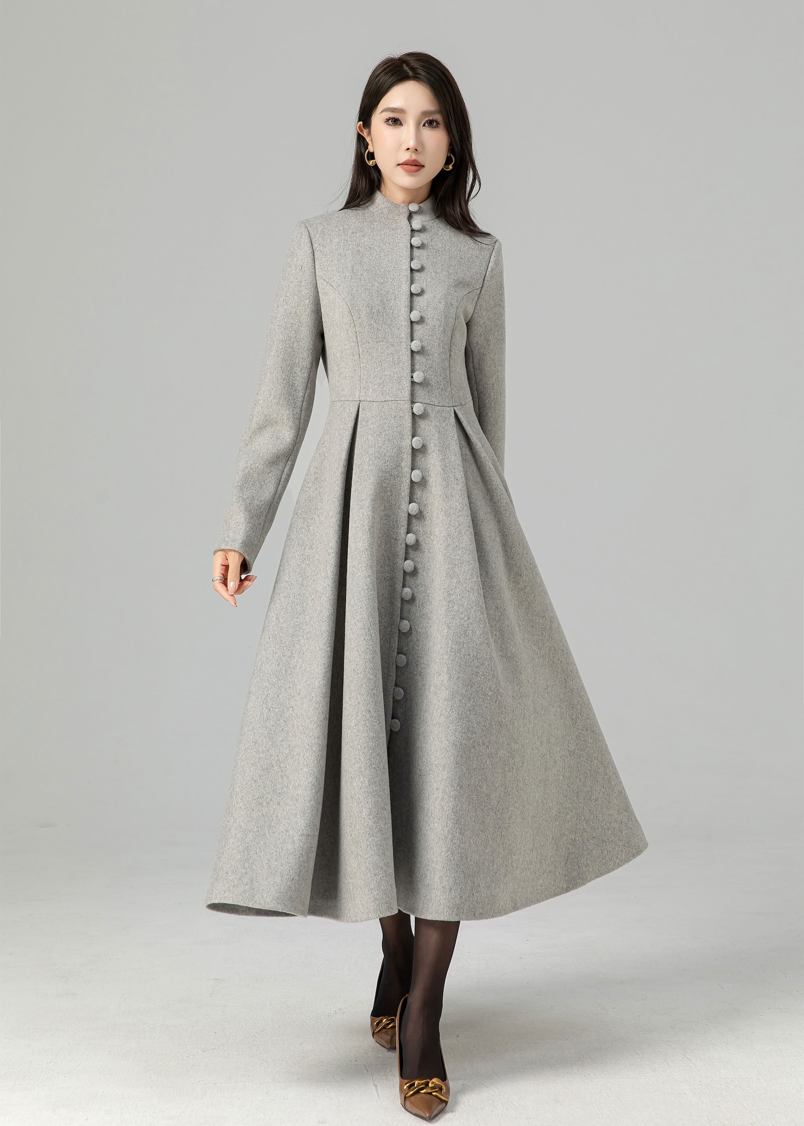 Long Wool Coat, Grey Wool Coat, Single Breasted Wool Coat, A Line Wool ...