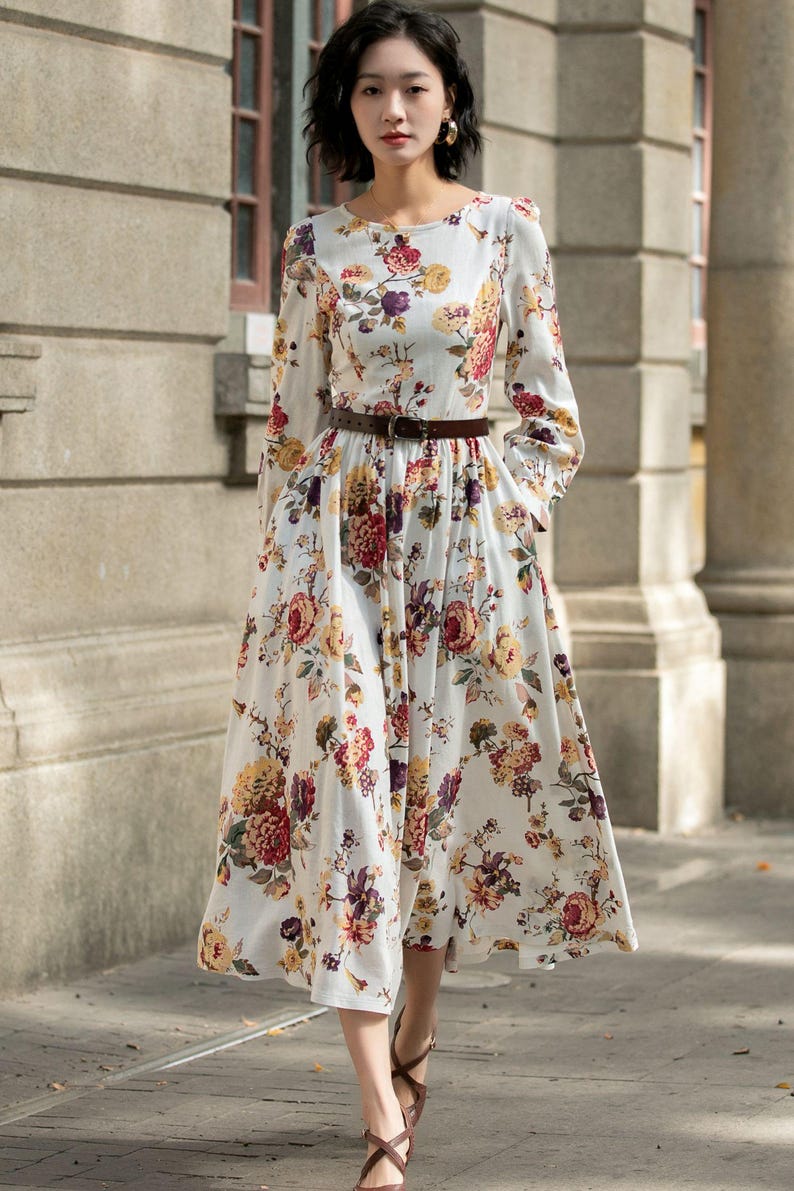Family Gathering Dress, Floral Linen Midi Dress, Spring Long Sleeve ...