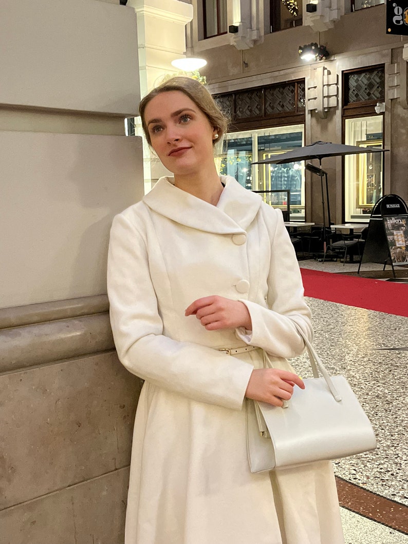 White Winter Wool Princess Coat, Wedding Wool Coat, Fit and Flare Coat ...