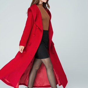 Red Long Wrap Wool Coat, Hooded Wool Coat, Long Trench Coat, Winter ...