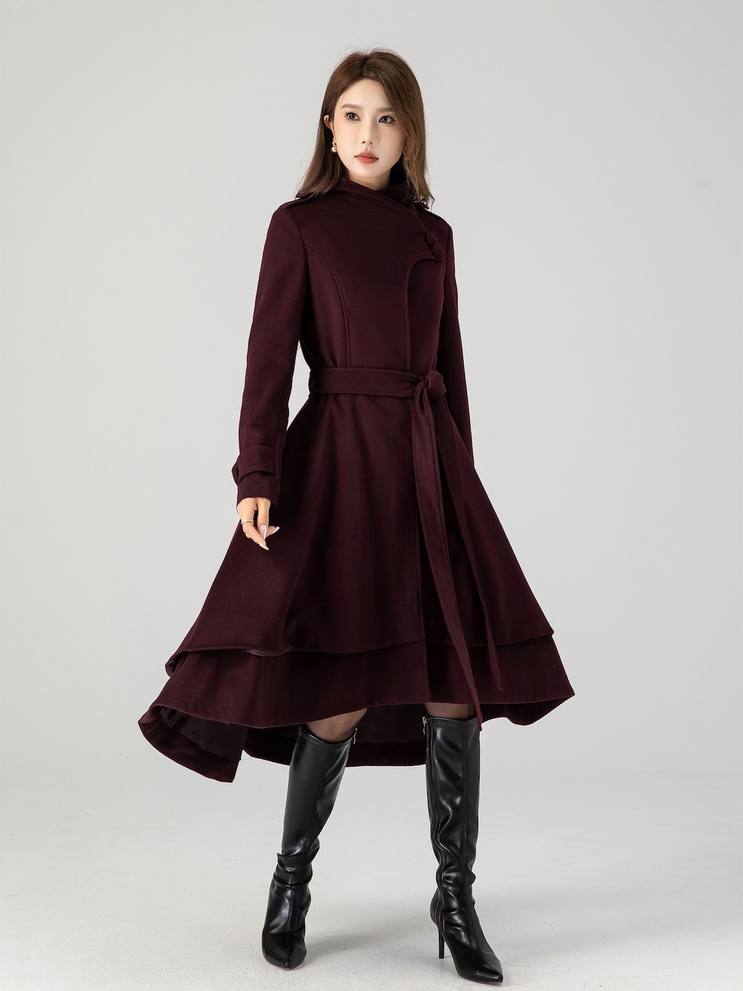 Burgundy Wool Coat, Midi Wool Coat, Asymmetrical Wool Coat, Womens Long ...
