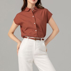 Office Shirt, Rust Red Linen Shirt, Womens Short Sleeve Linen Shirt ...