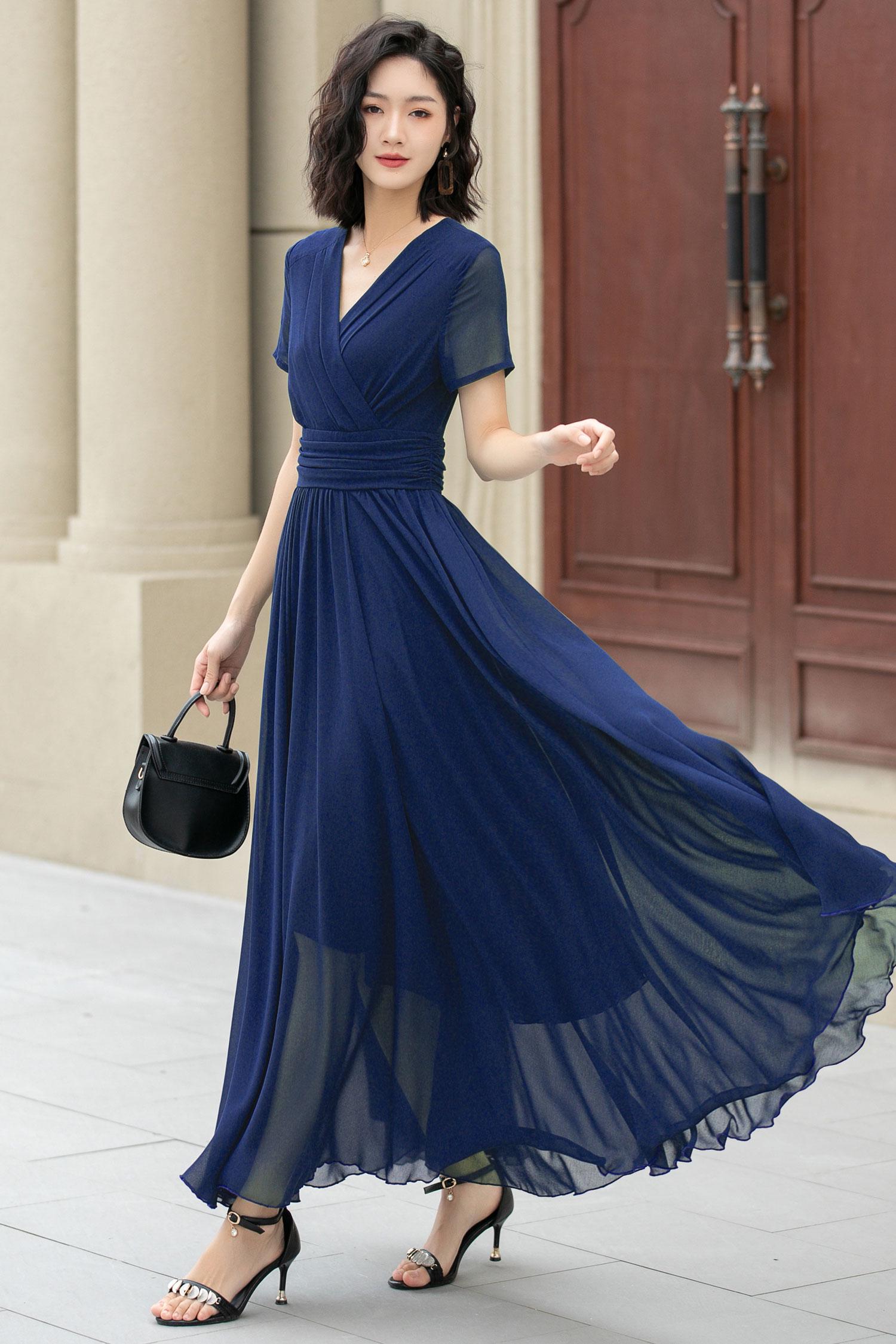 Navy Blue Chiffon Dress, Women Summer Maxi Swing Dress, Elegant Flowy ...