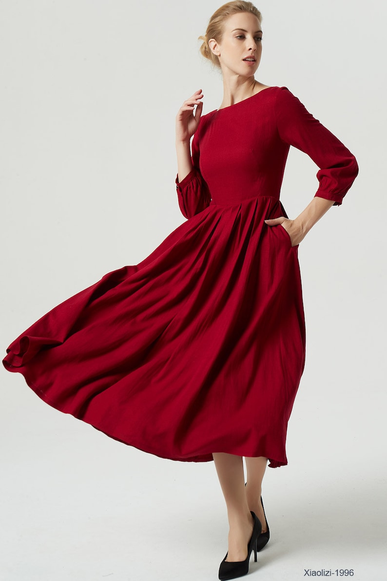 Linen Dress Womens Red Pleated Midi Linen Dress Spring Long - Etsy