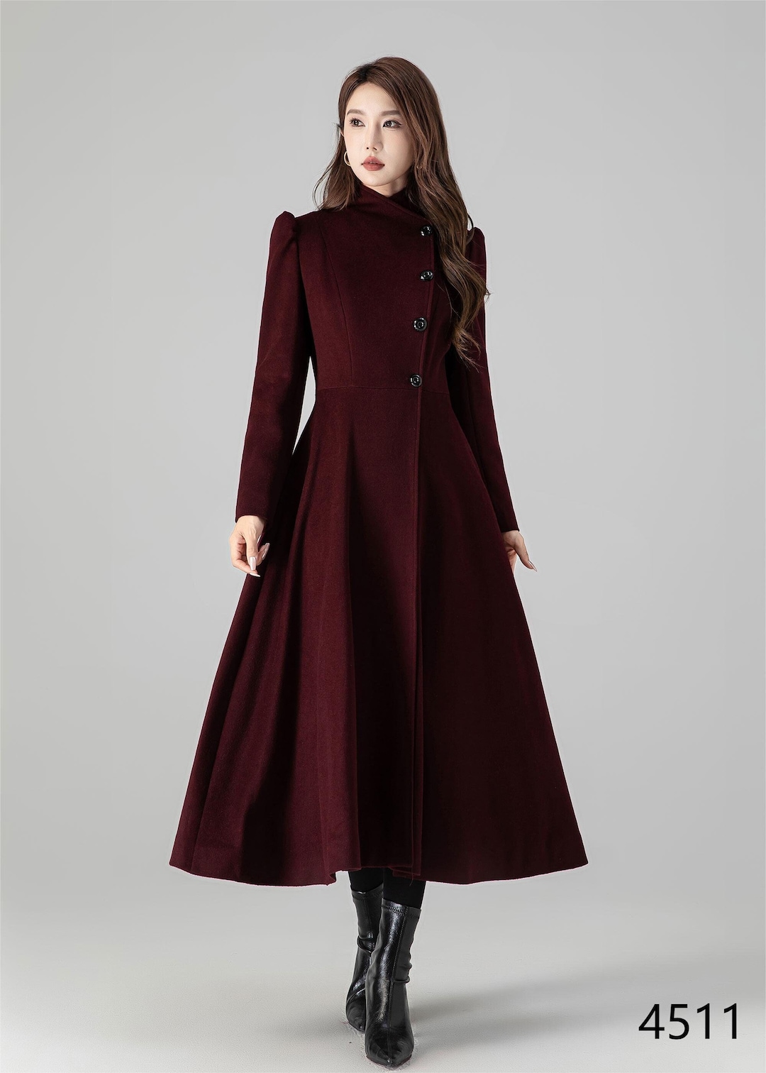 Vintage Inspired Wool Coat Burgundy Long Wool Coat Swing Princess