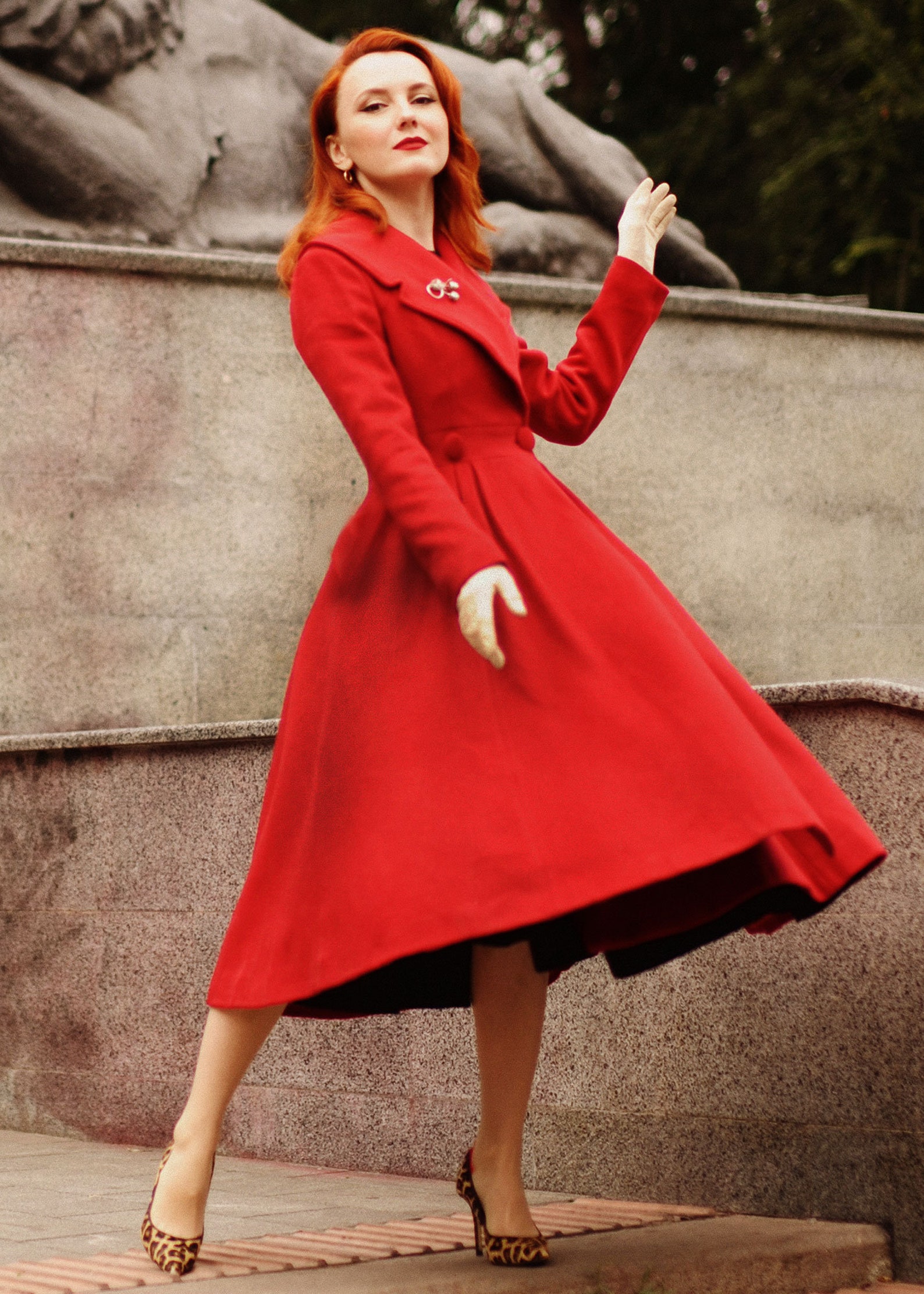 1950s Vintage Inspired Swing Coat, Red Long Princess Wool Coat, Retro ...
