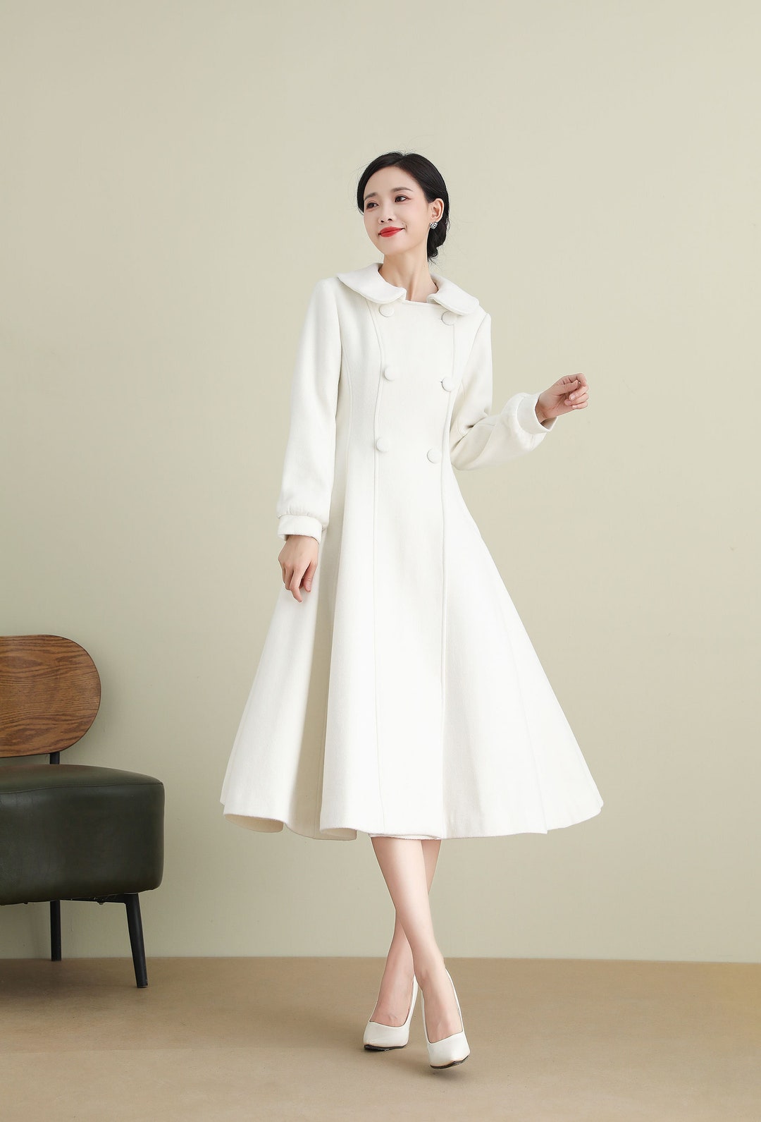 White Winter Wool Princess Coat, Wedding Coat, Dress Coat, Elegant Long ...