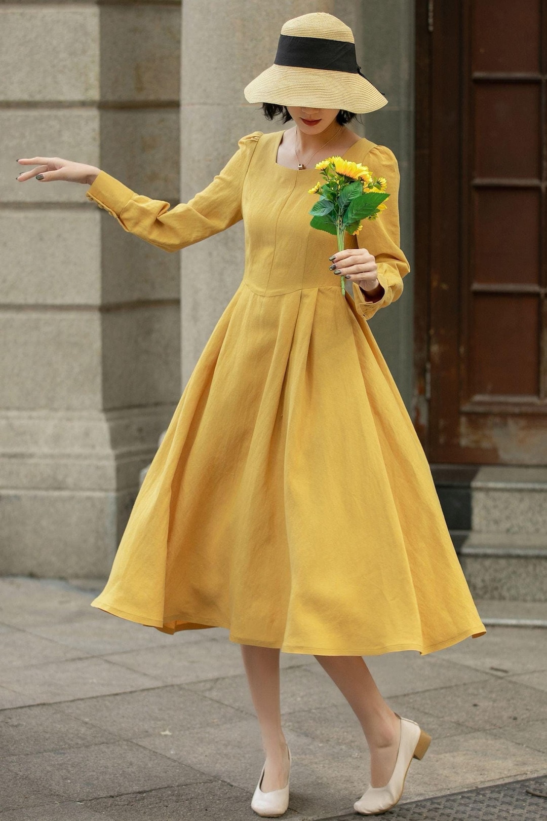 Linen Midi Dress, Yellow Swing Linen Dress, Bridesmaid Dress, Flowy ...