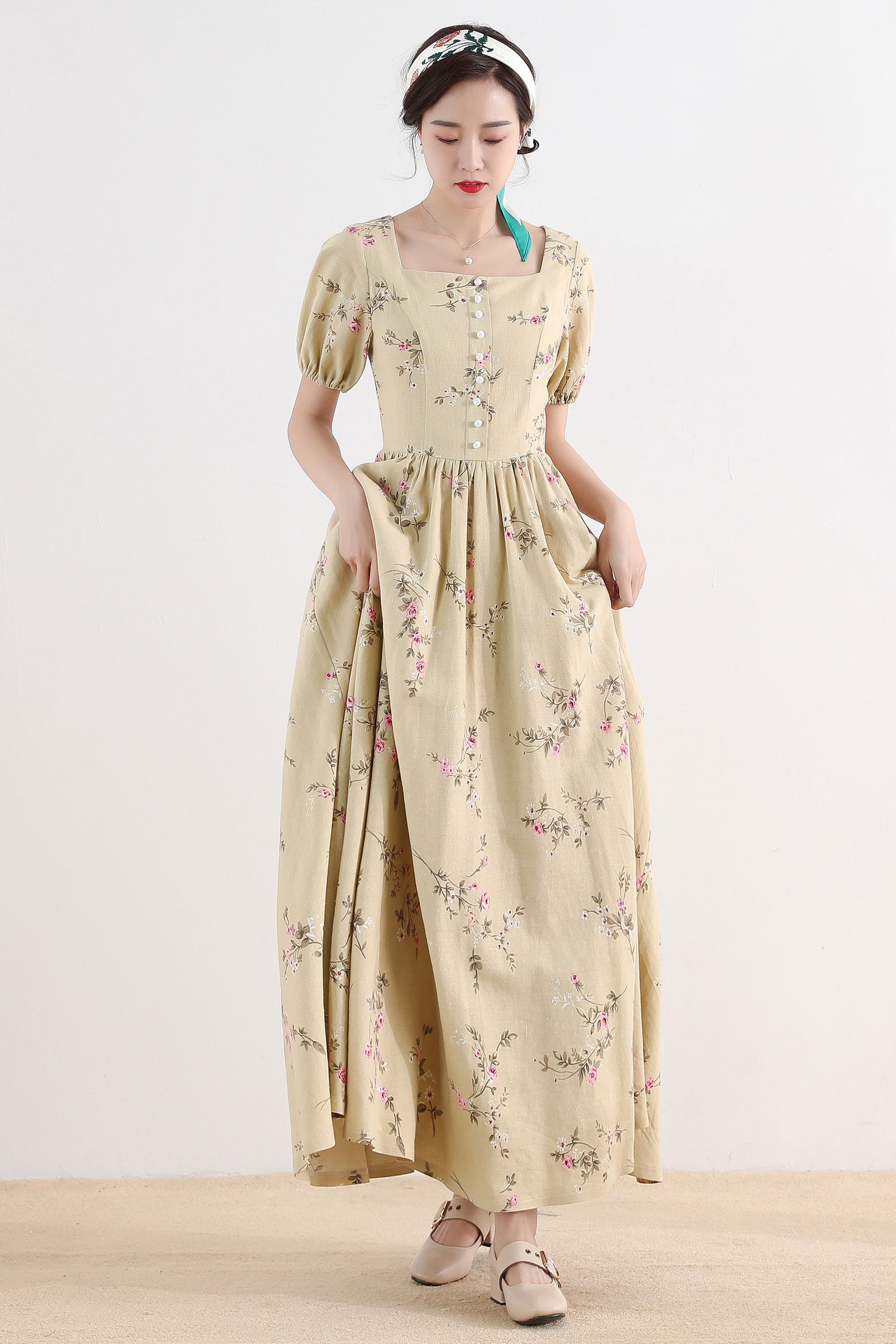 Linen Dress, Flower Maxi Dress, Vintage Inspired Flower Linen Dress ...