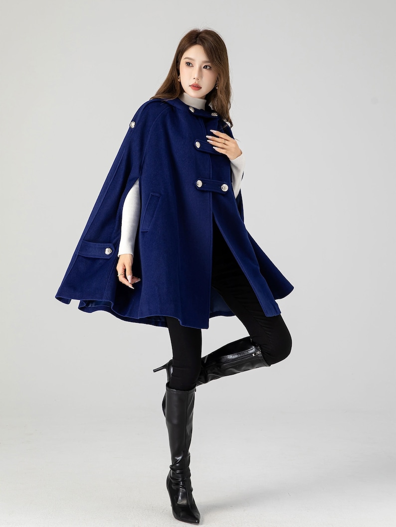 Women's Winter Blue Wool Hooded Wool Cape Coat, Plus Size Cape Coat ...