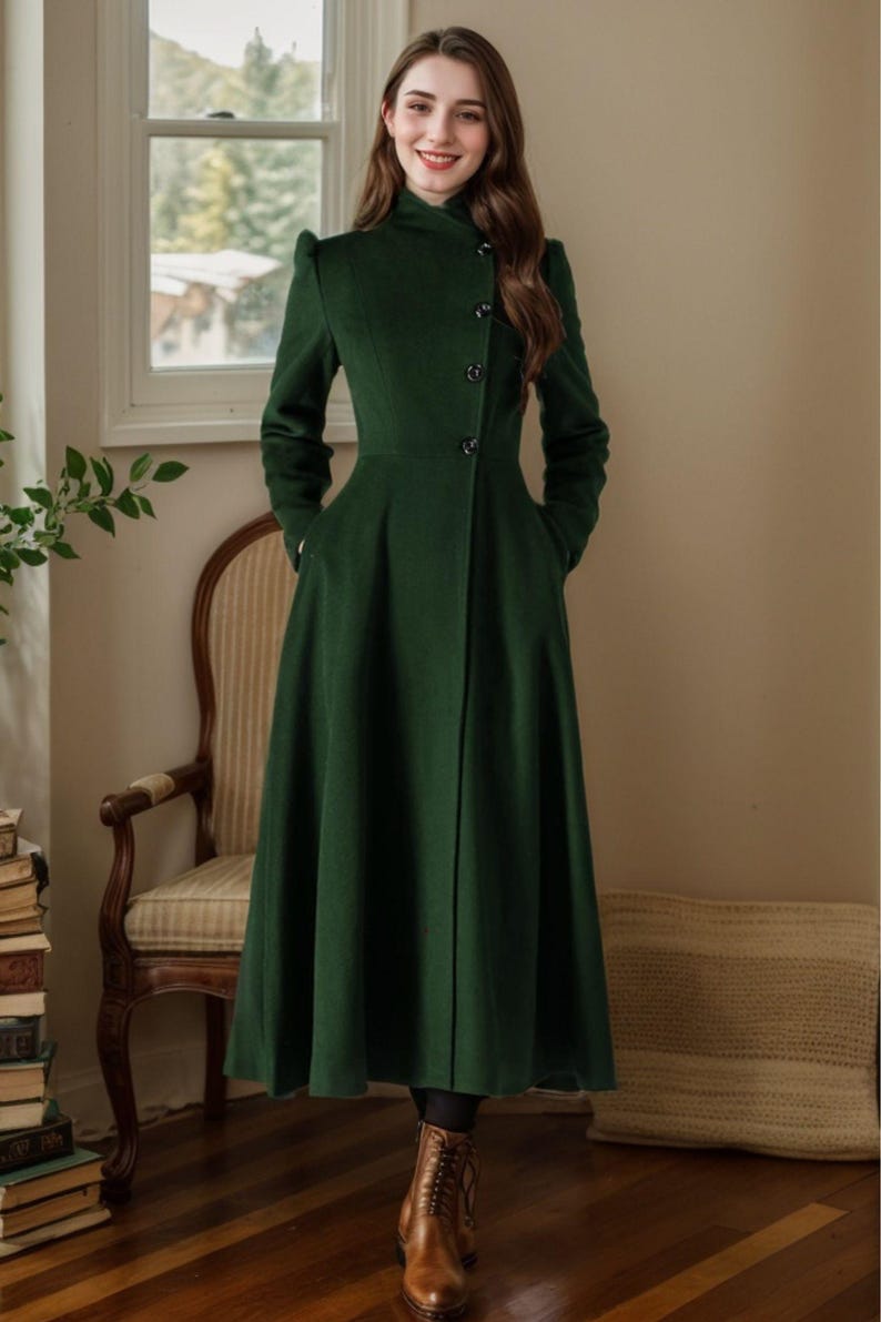 Elegant Dark Green Wool Princess Coat: Vintage Inspired Winter Overcoat ...