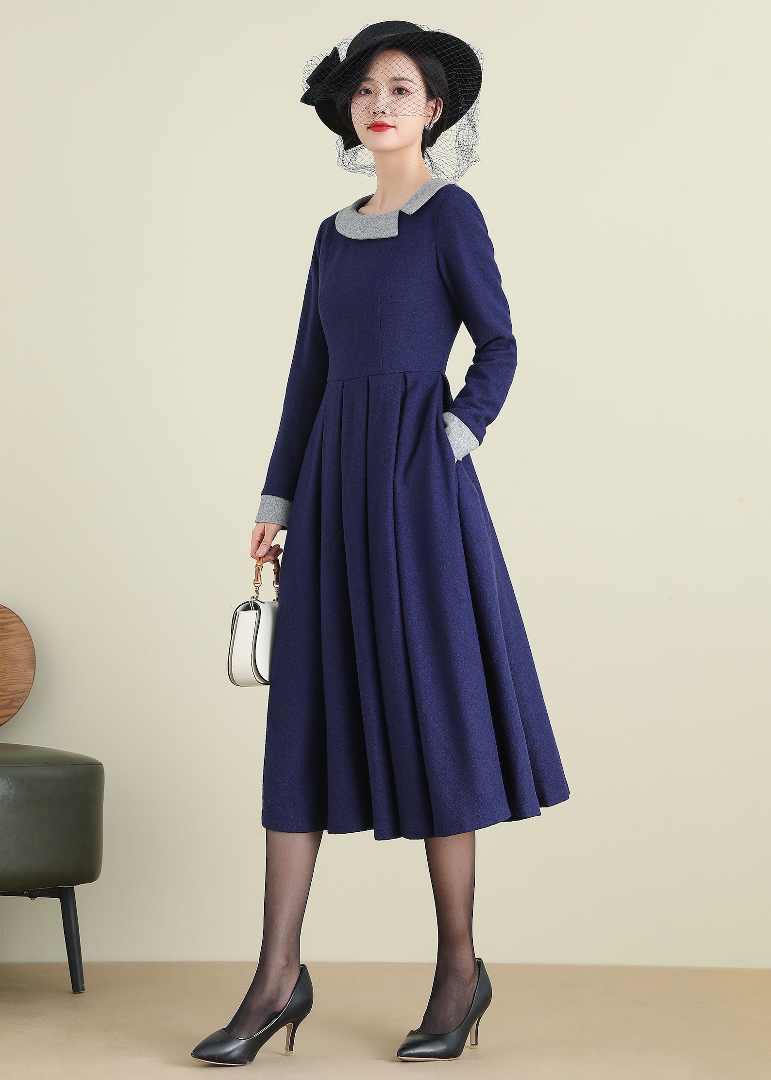 Midi Dress Wool Dress A-line Wool Dress Navy Blue Dress - Etsy