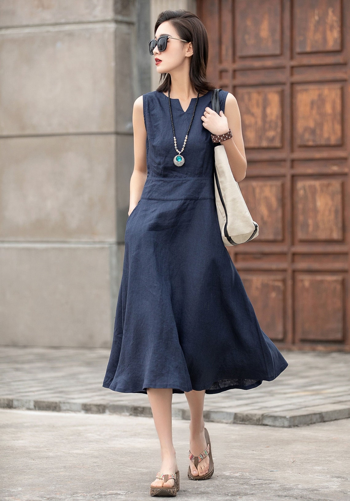 Sleeveless Linen midi dress casual sun dress Linen Midi | Etsy