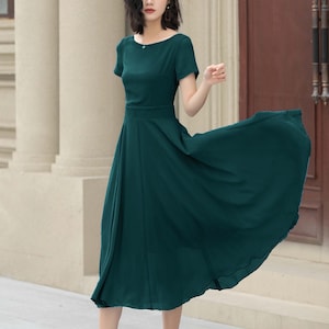 Elegant Deep Green Midi Dress, Flattering A-line Fit Dress, Handcrafted ...