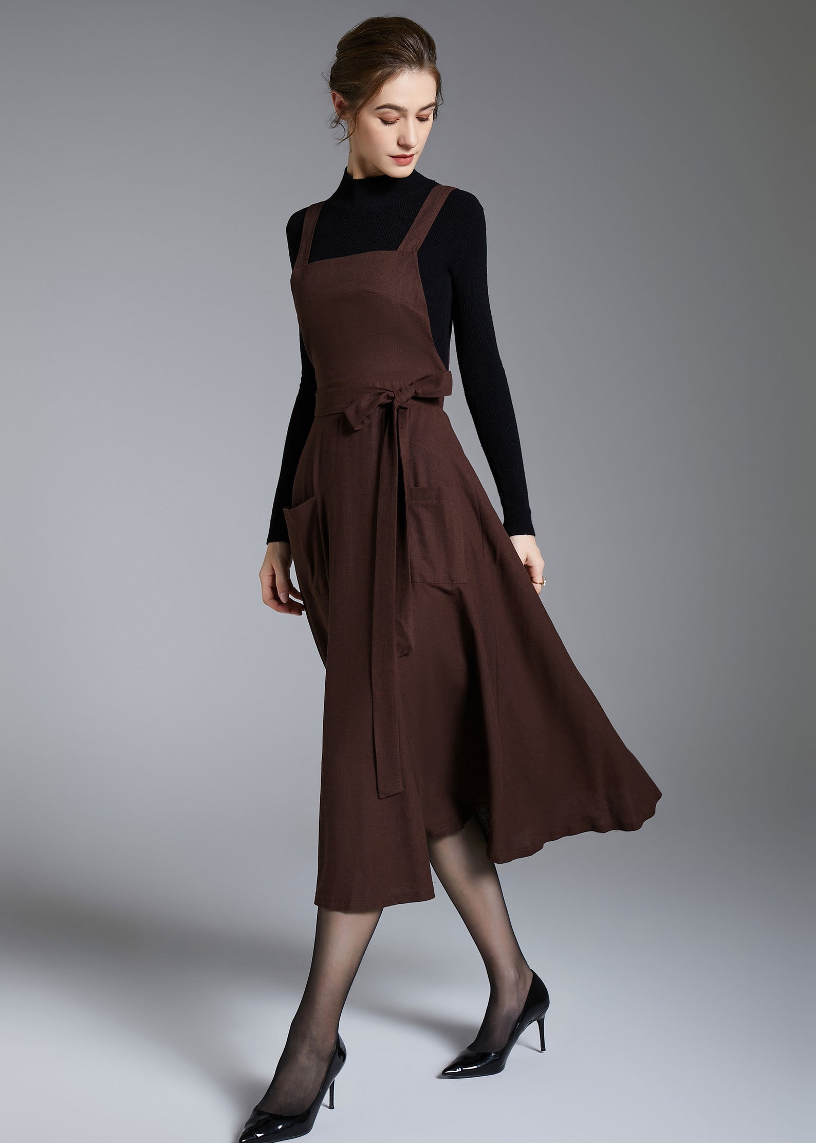 Linen Pinafore, Linen Pinafore Dress, Brown Linen Midi Dress, Women's ...