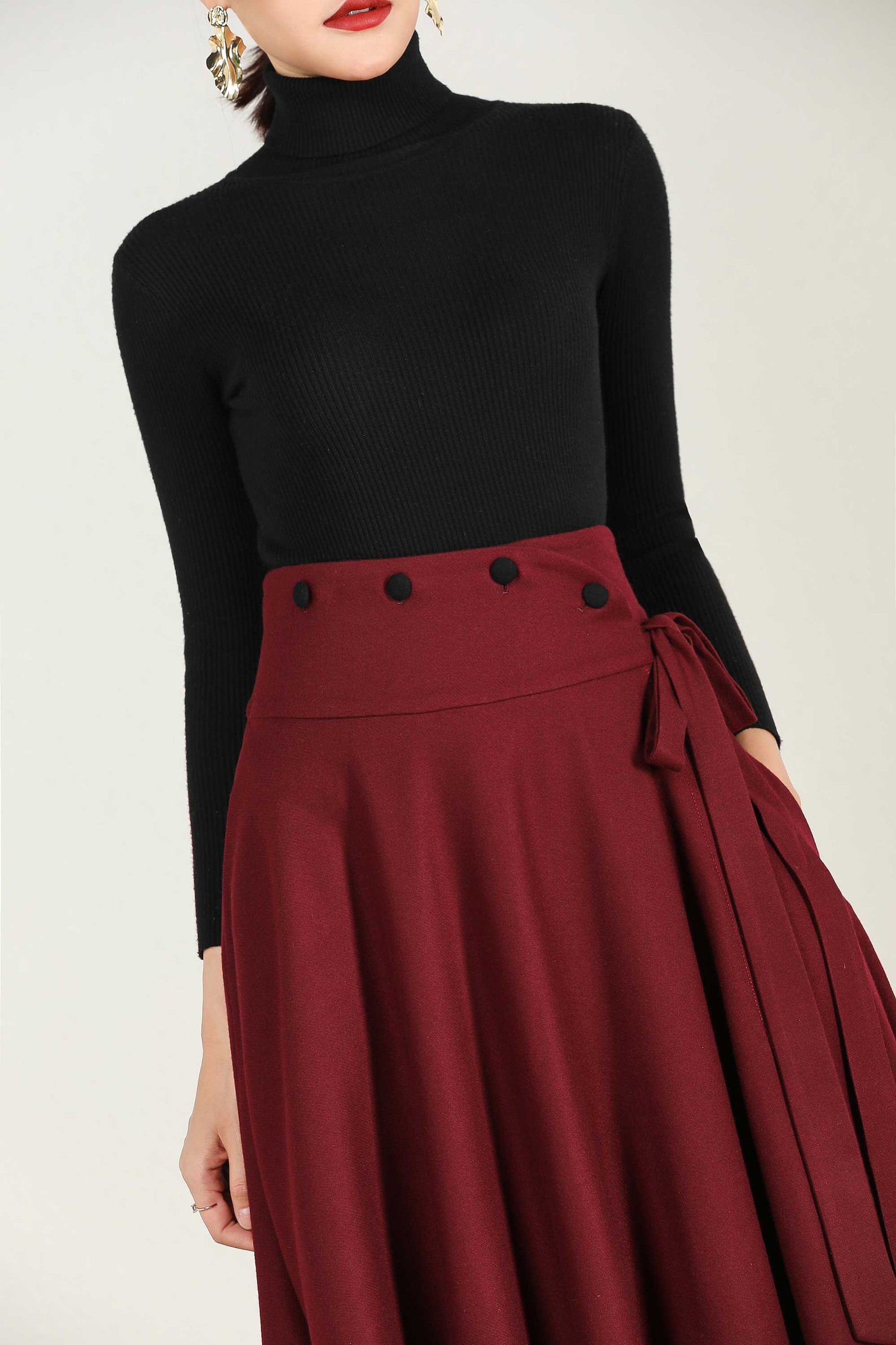 High Waisted Skater Skirt in Red, Wool Skirt, Wide Waistband Midi Skirt ...