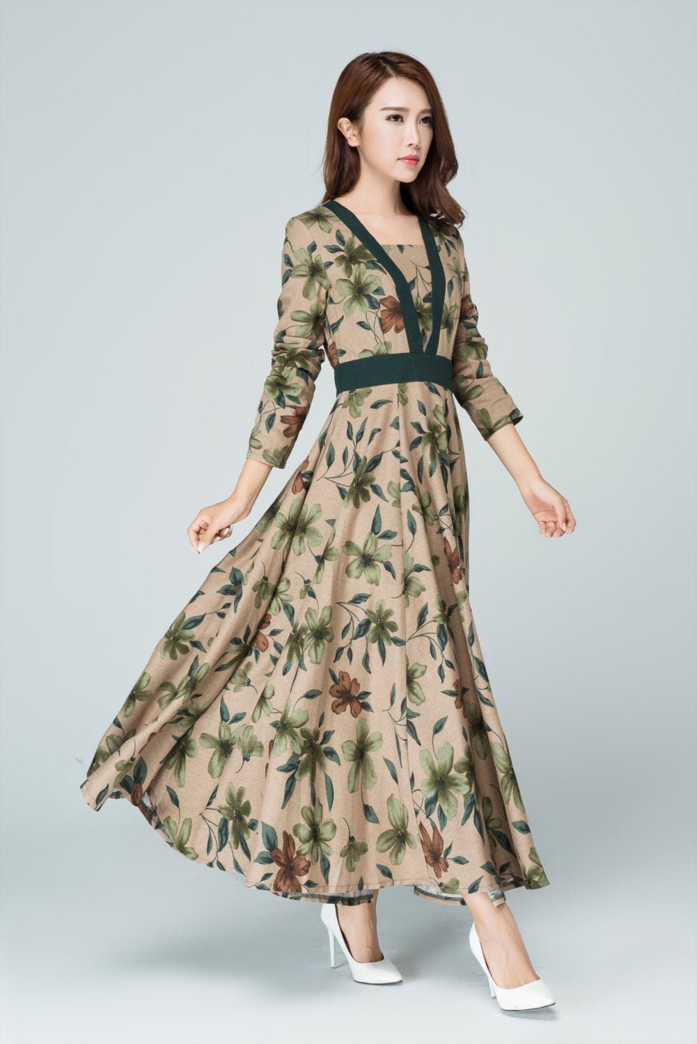 Buy Vintage Floral Print Linen Dress, Long Sleeve Fit and Flare, Custom ...